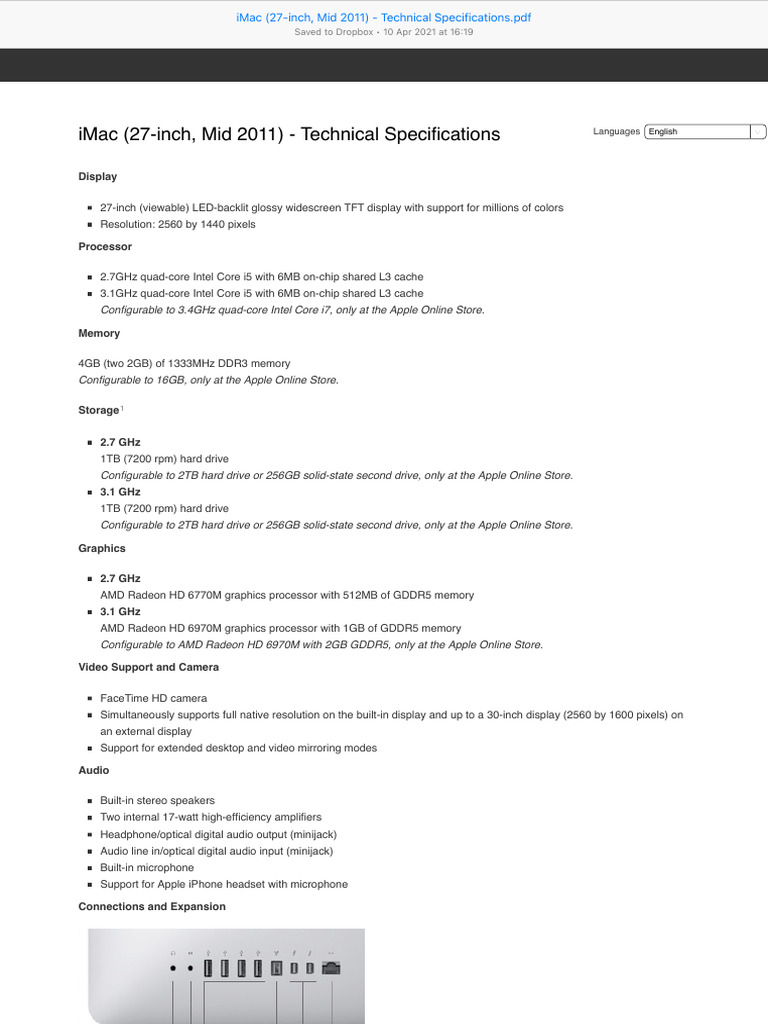 Imac (27-Inch, Mid 2011) - Technical Specifications | PDF | Apple Inc ...