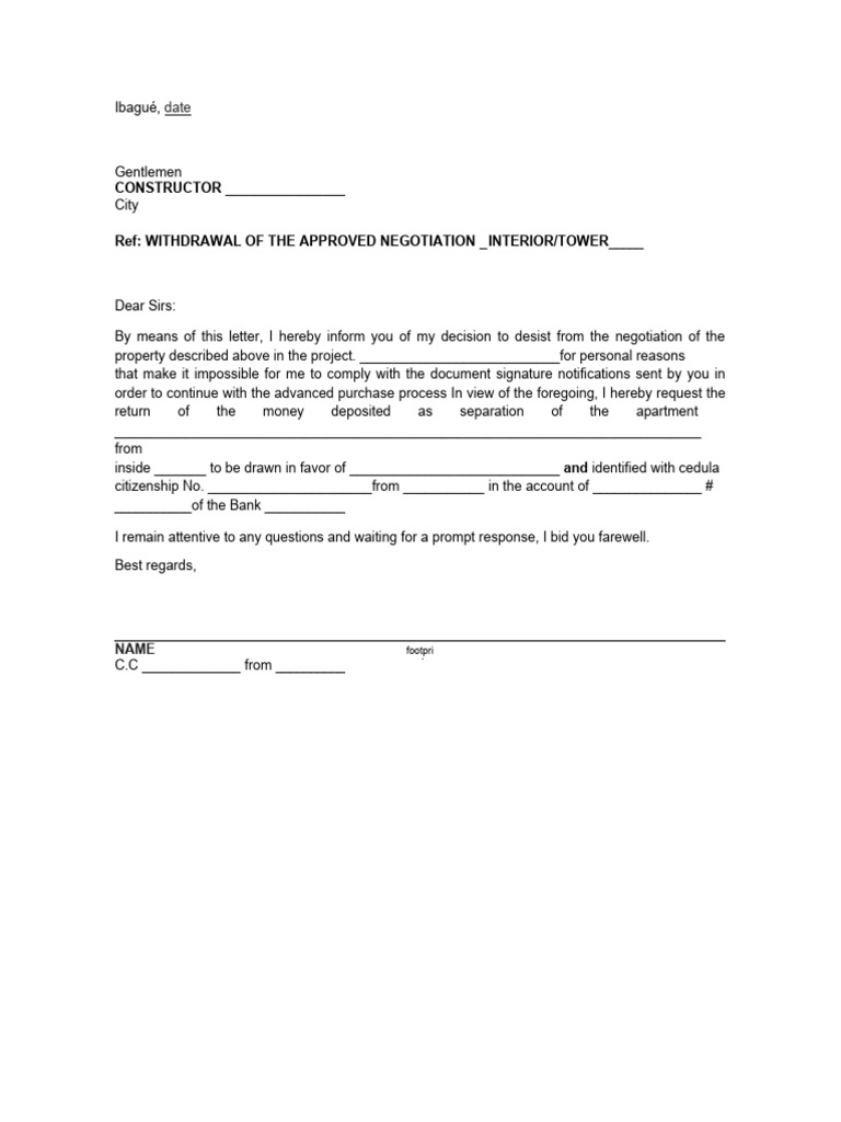 Format Letter of Withdrawal from Purchase of Housing Project | PDF