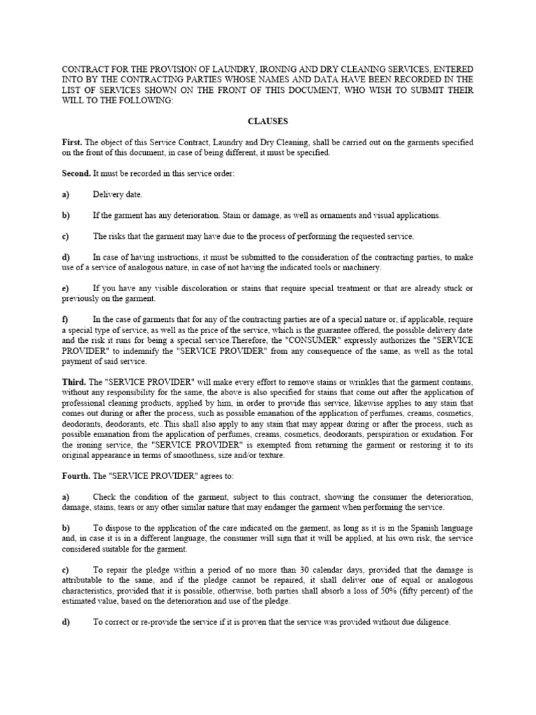 Contract For The Provision of Laundry and Ironing Services | PDF ...