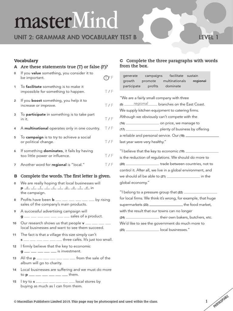 Mastermind 1 Unit 2 Grammar and Vocabulary Test B | PDF