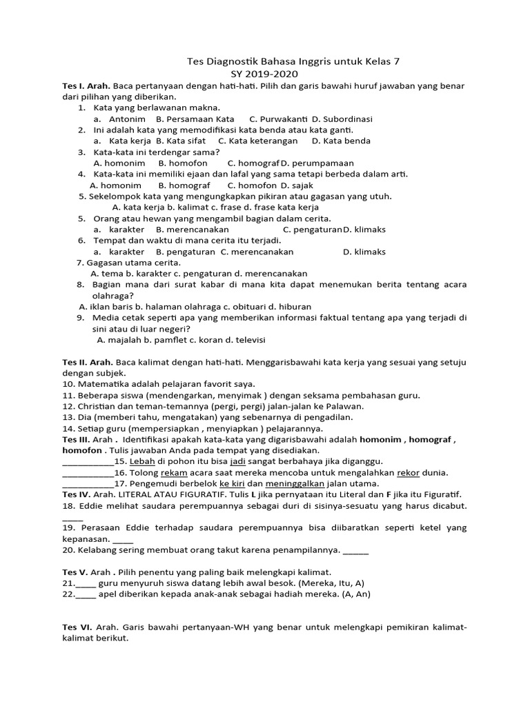 Tes Bahasa Inggris Kelas 7: Diagnostik 2019-2020 | PDF | Karier ...