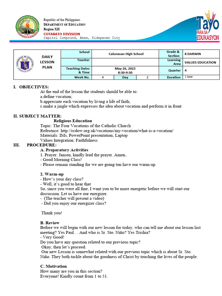 Values Education Lesson Plan: Vocations | PDF | Experience | God
