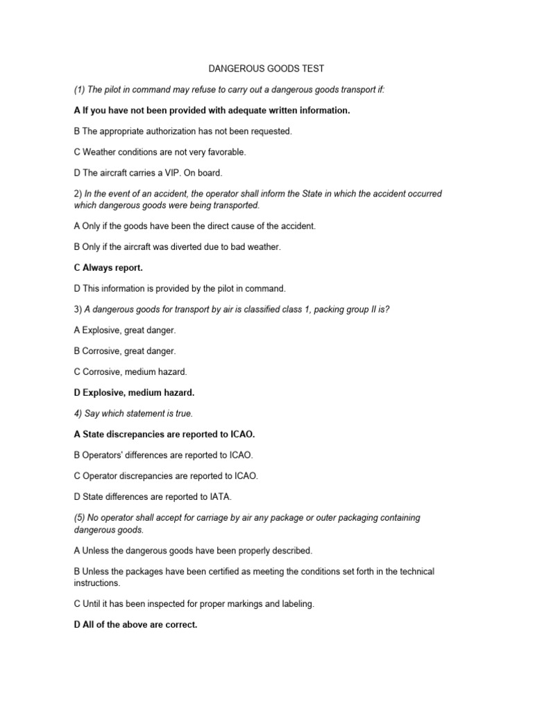 Dangerous Goods Exam Questions | PDF | Dangerous Goods | Aviation