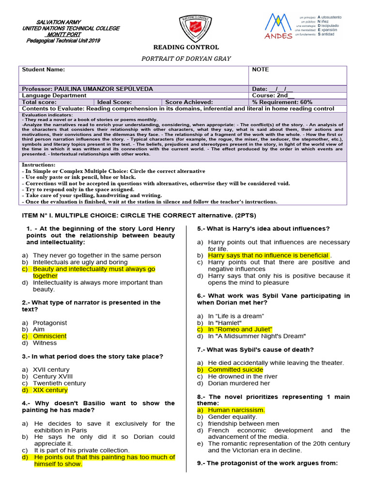 Dorian Gray Reading Evaluation Guide | PDF | The Picture Of Dorian Gray