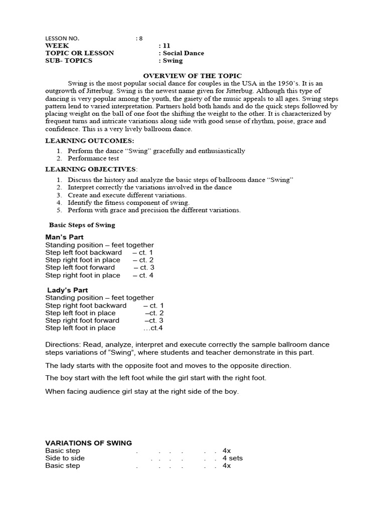 Lesson 8 Week 11 PATHFIT 3 Social Dance Swing | PDF | Dances | Ballroom ...