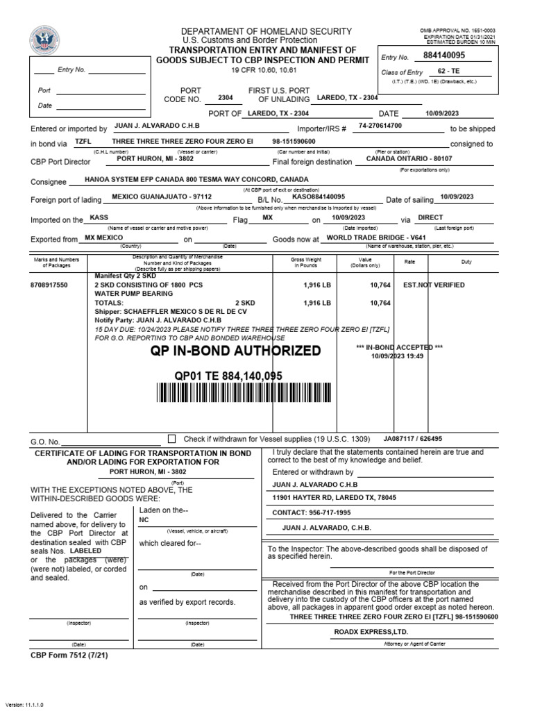 QP In-Bond Authorized: Transportation Entry and Manifest of Goods ...