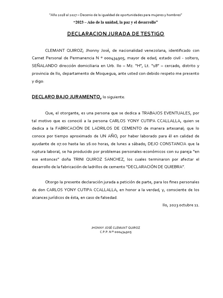 Declaracion Jurada de Testigo | PDF