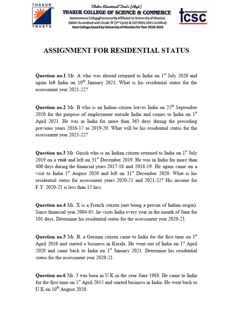 Assignment For Residential Status | PDF | Economies | Money