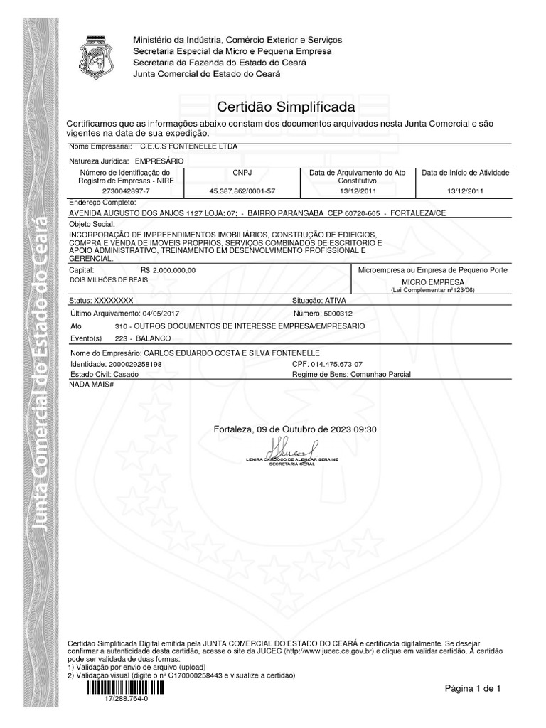 Certidão Simplificada - Editada | PDF