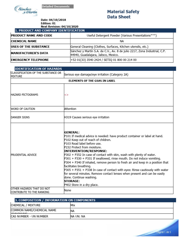 UTIL Powdered Detergent Safety Sheet | PDF | Personal Protective Equipment | Toxicity