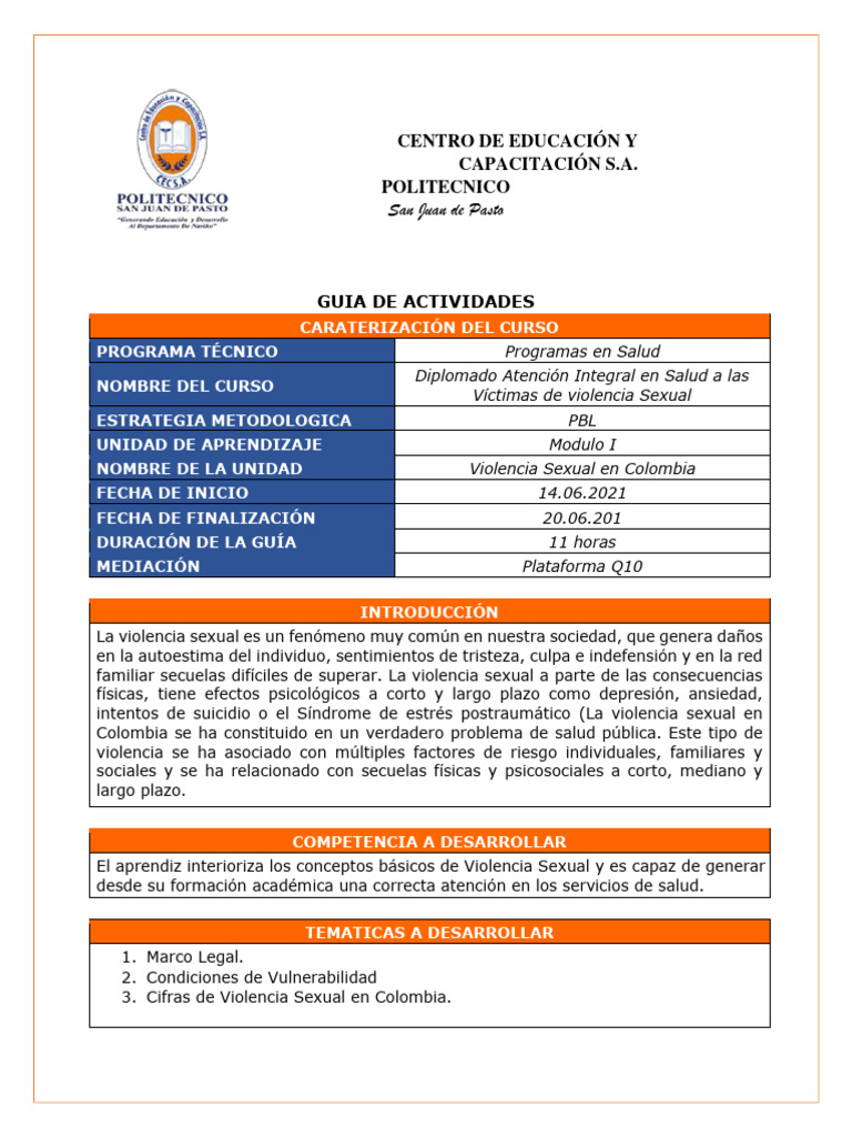 Guia de Actividades Modulo I | PDF | Violencia | Violencia sexual Guia de Actividades Modulo I | PDF | Violencia | Violencia sexual