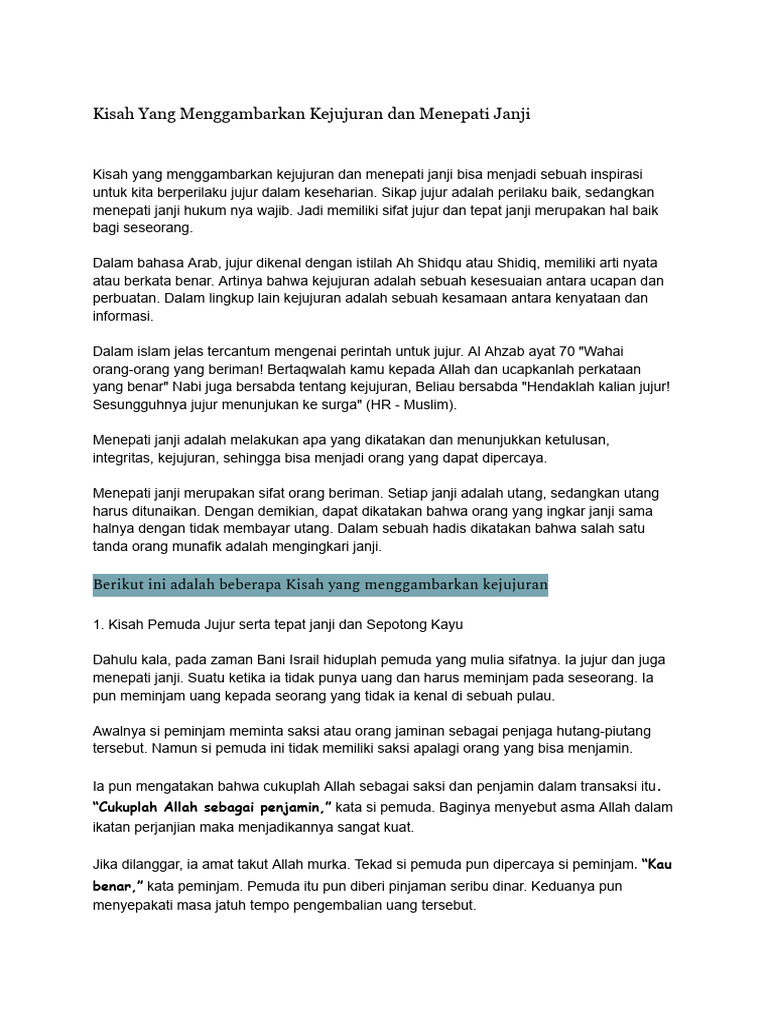 A. Kisah Yang Menggambarkan Kejujuran Dan Menepati Janji | PDF