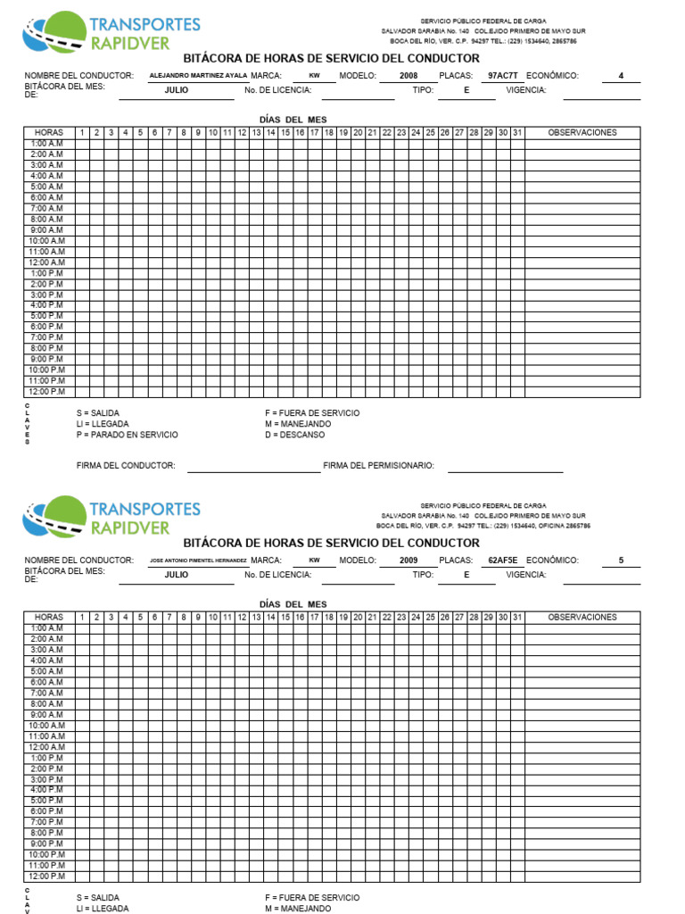 Bitácora de Horas de Servicio Del Conductor Eco. 09 | PDF