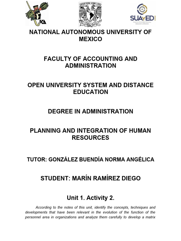 Planning and Integration of Human Resources. Unit 1. Activity 2 | PDF