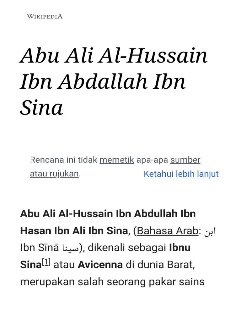 Abu Ali Al-Hussain Ibn Abdallah Ibn Sina - Wikipedia Bahasa Melayu, Ensiklopedia Bebas | PDF