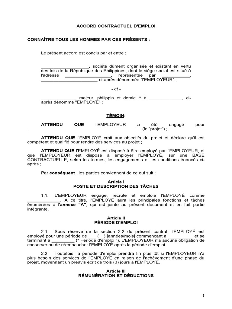 Accord Contractuel d'Emploi aux Philippines | PDF