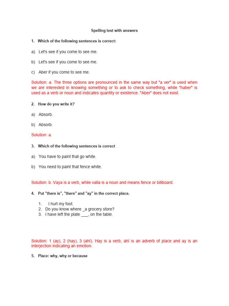 Spelling Test with Answers PDF | PDF | Verb | Grammatical Number