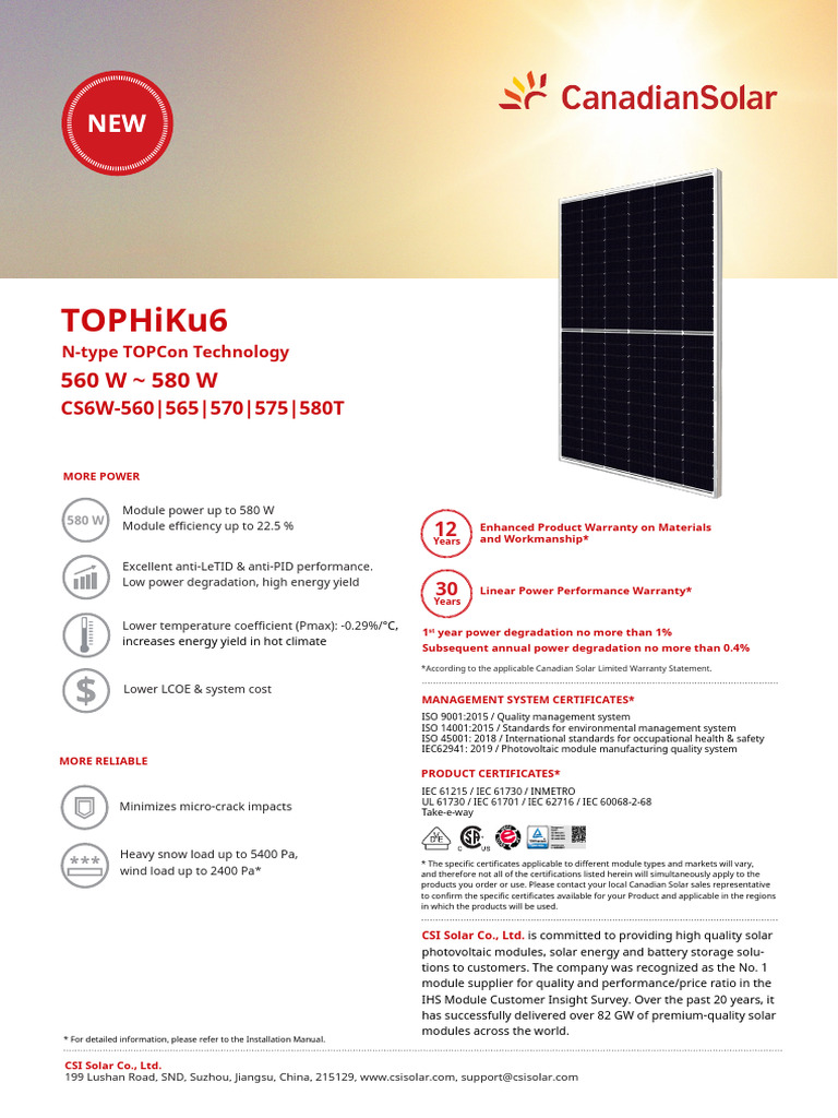 Canadian Solar CS6W 580W Datasheet | PDF | Photovoltaics | Solar Energy