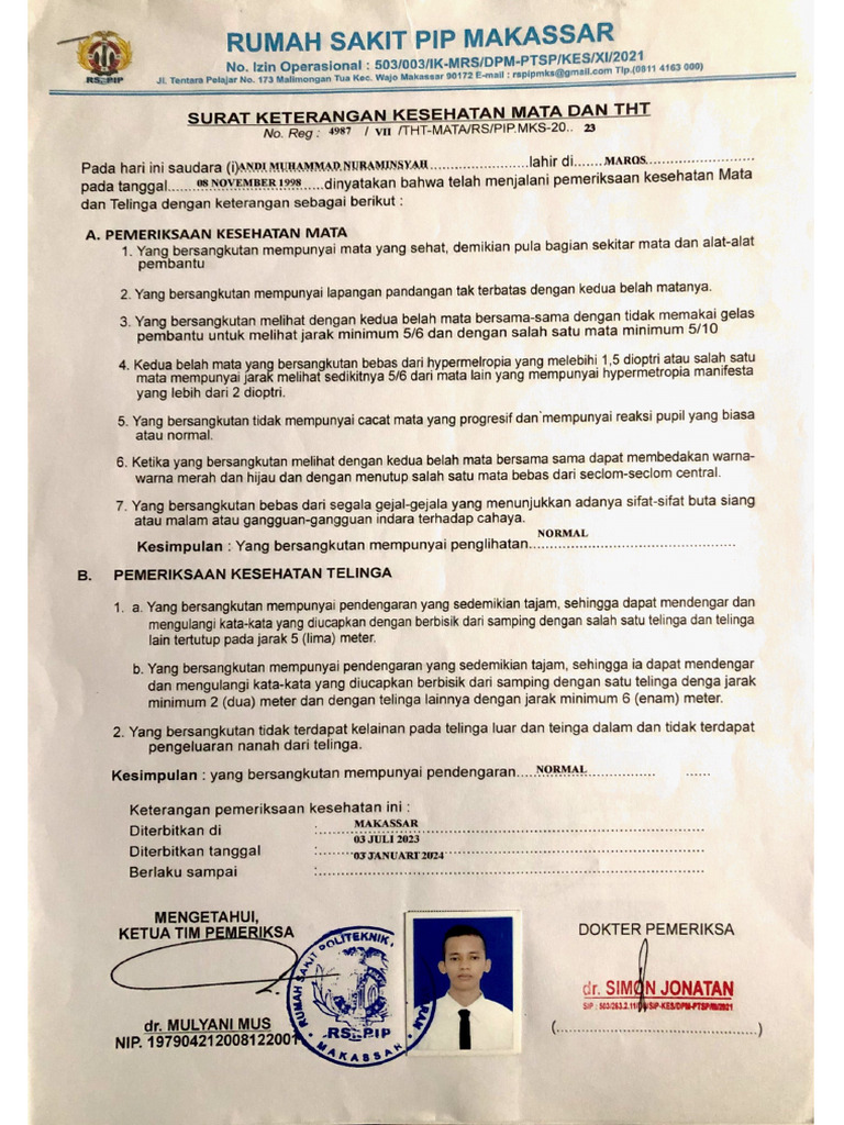 Surat Keterangan Kesehatan Mata Dan THT | PDF