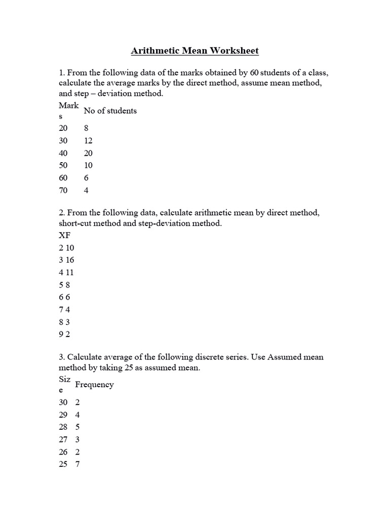 Arithmetic Mean Worksheet | PDF | Arithmetic Mean | Mean