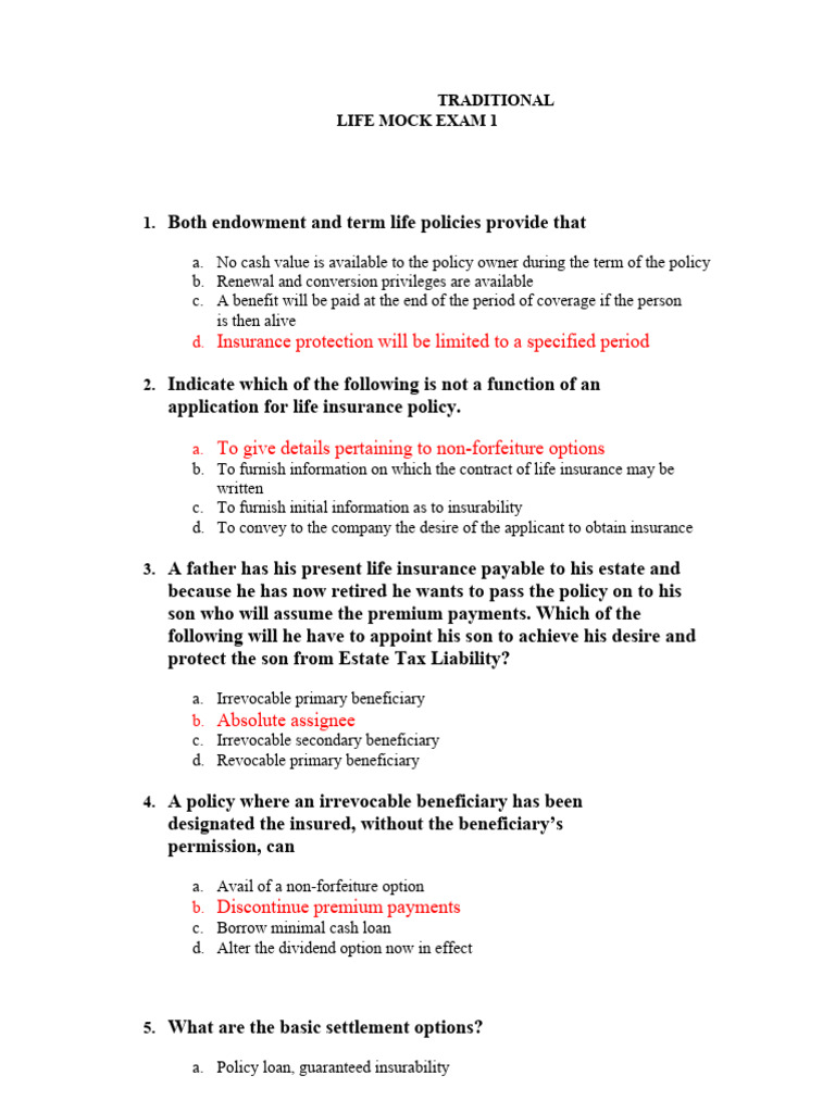 Mock Exam Traditional Life Exam Reviewer 1 | PDF | Insurance | Life ...