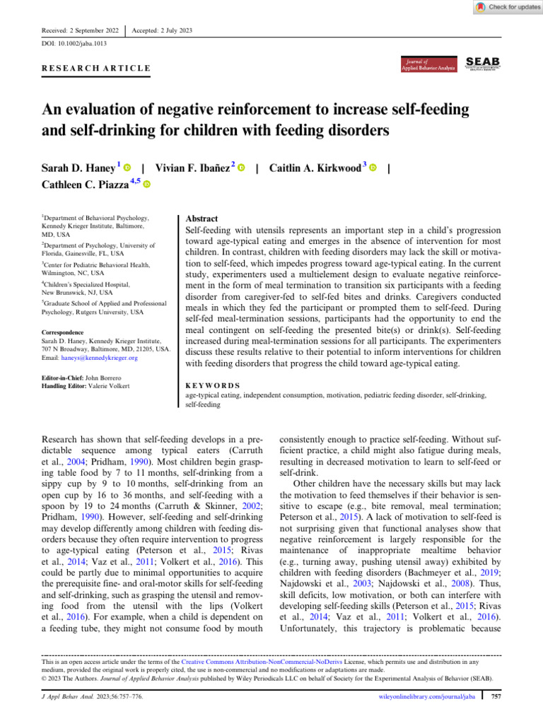 J Of App Behav Analysis 2023 Haney An Evaluation Of Negative Reinforcement To Increase