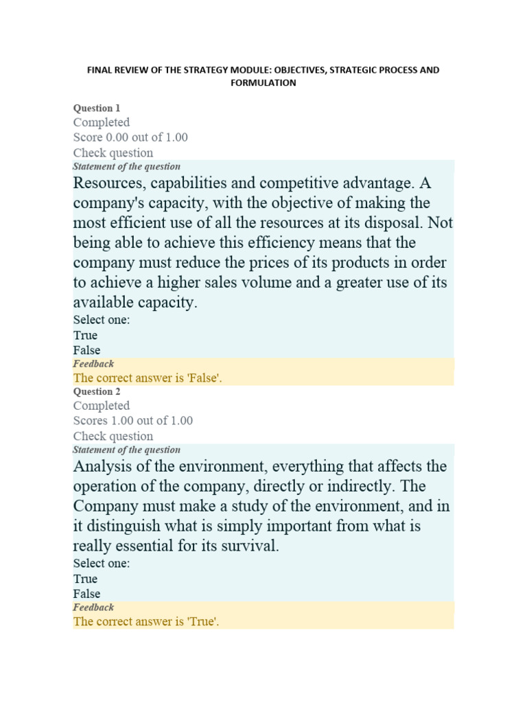 Final Exam of Strategy Module - Objectives, Strategic Process and Formulation | PDF | Strategic ...
