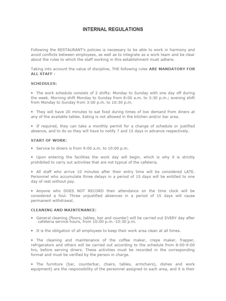 Internal Regulations For Restaurant Employees | PDF