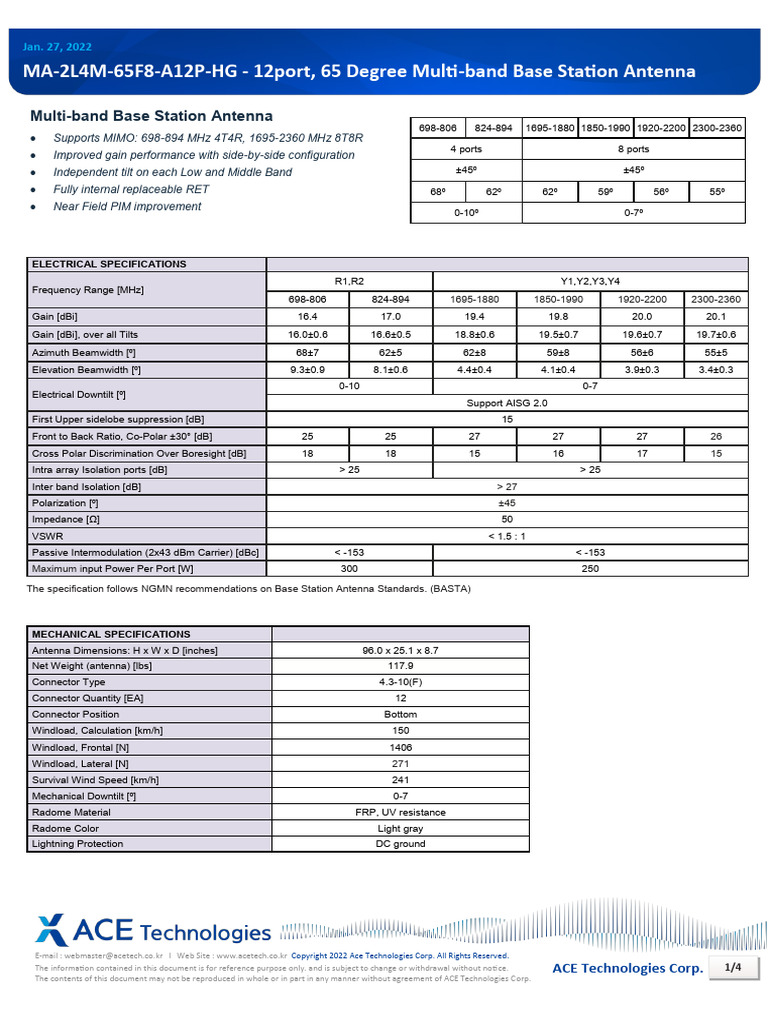 ACE - Datasheet - MA-2L4M-65F8-A12P-HG - 12port 8ft High Gain Antenna | PDF | Antenna (Radio ...