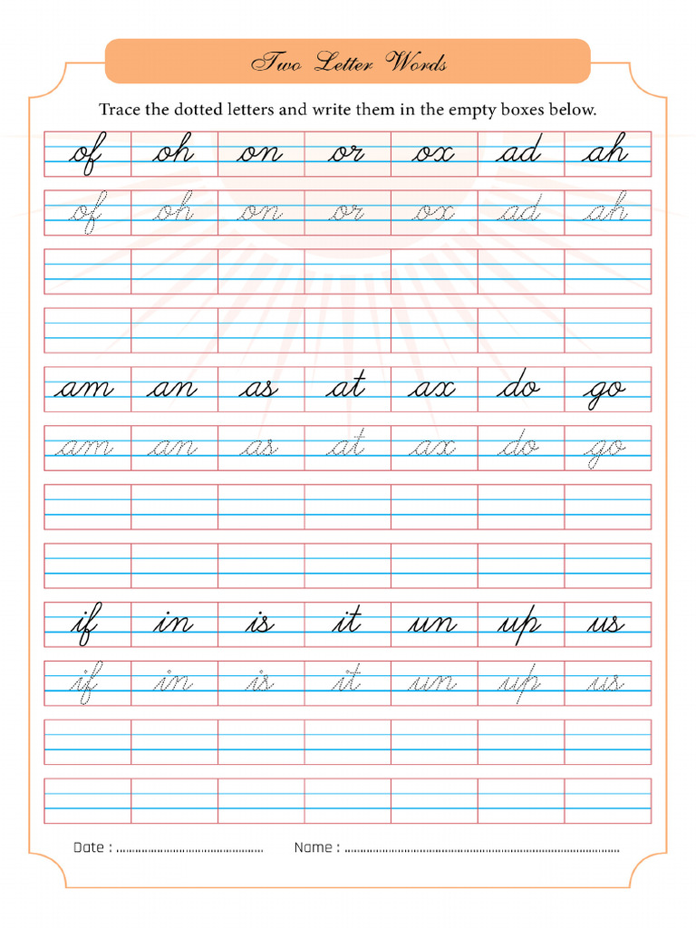 Cursive Two Letter Words Worksheet | PDF