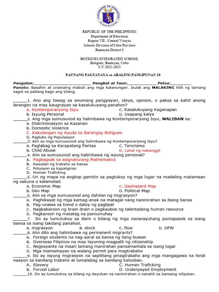 Araling Panlipunan 10 - Diagnostic Test - First Quarter | PDF