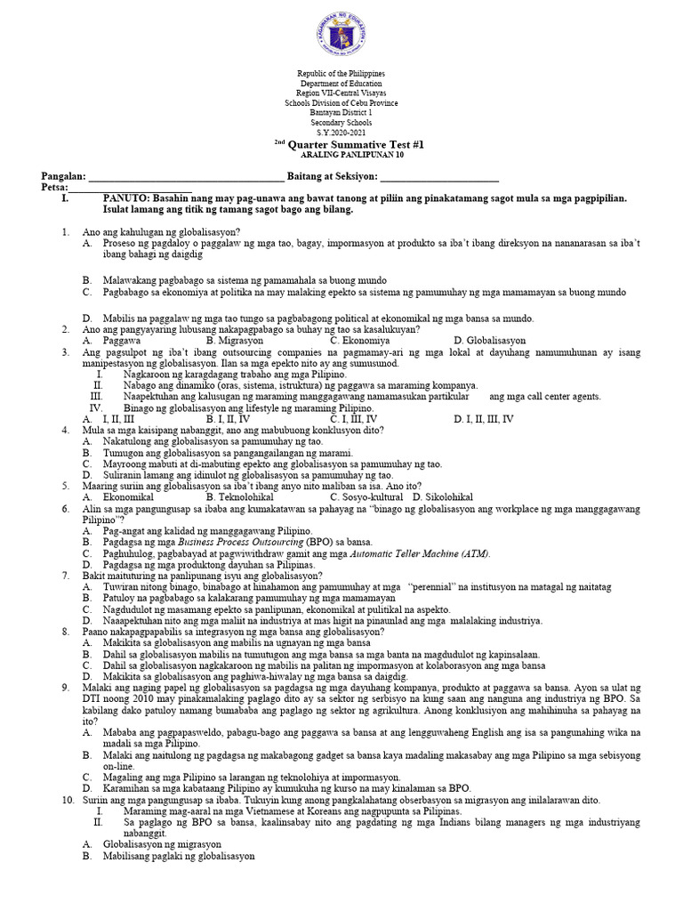 Araling Panlipunan 10 - Summative Test - Second Quarter | PDF