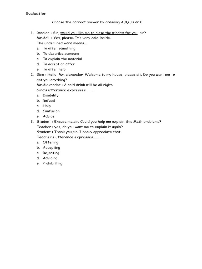 English Dialogue Evaluation Questions | PDF | Home & Garden