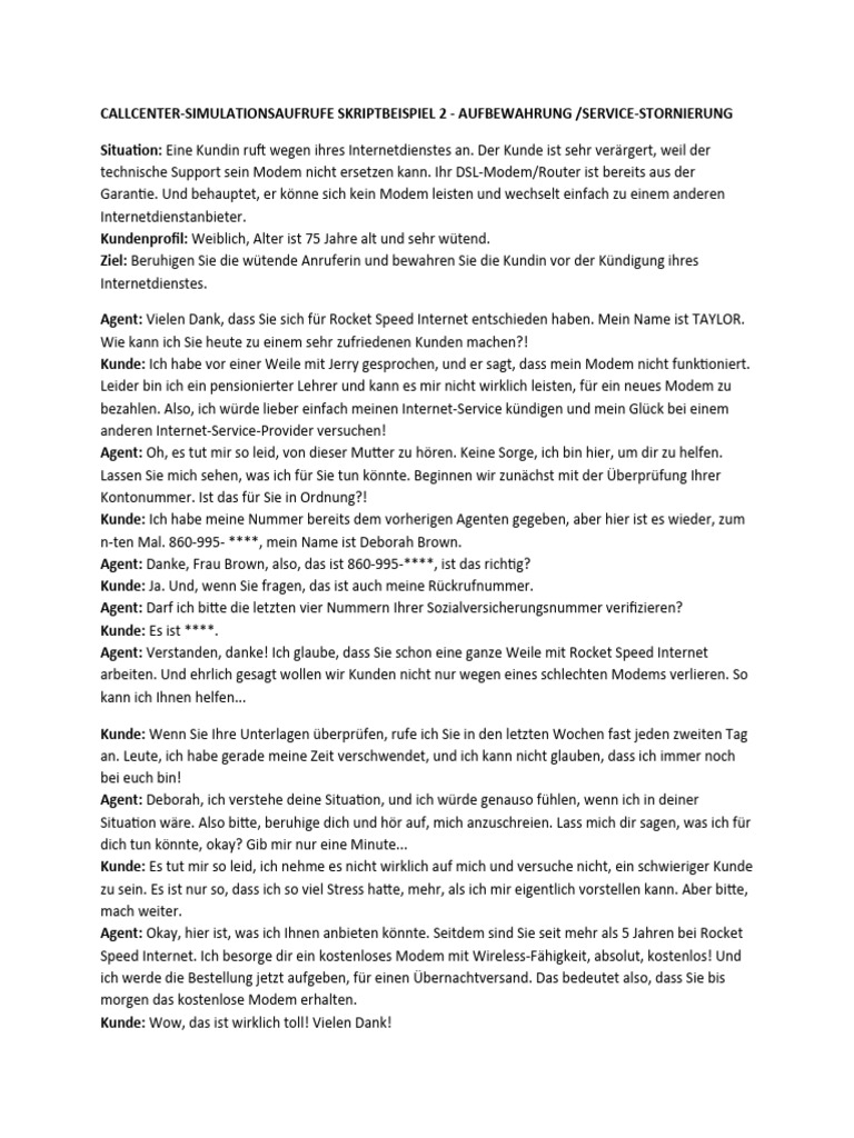 Beispiel für ein Skript für Call-Center-Mock-Calls | PDF