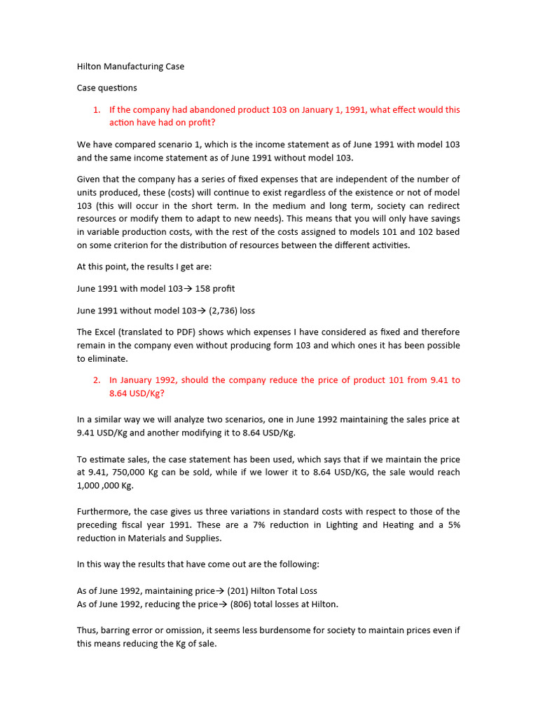 Hilton Manufacturing Profit Analysis Report | PDF | Profit (Economics ...