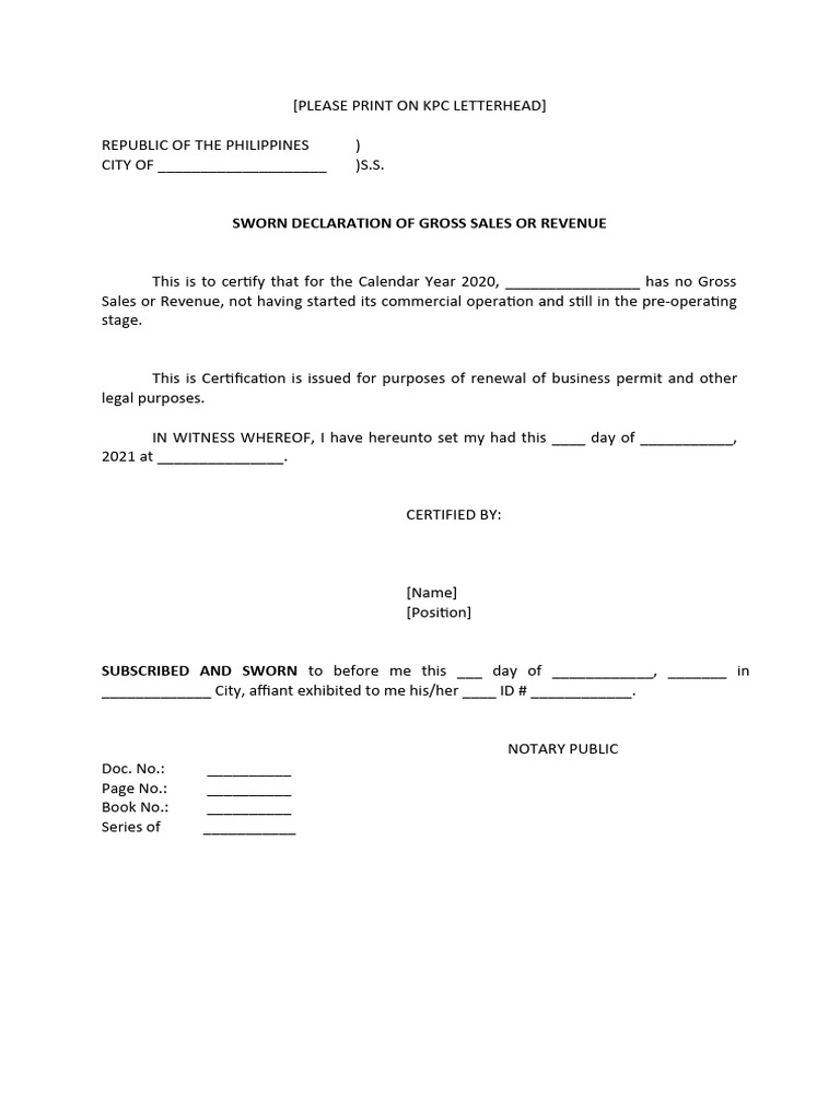 Sworn Declaration of Gross Sales (LGU) | PDF