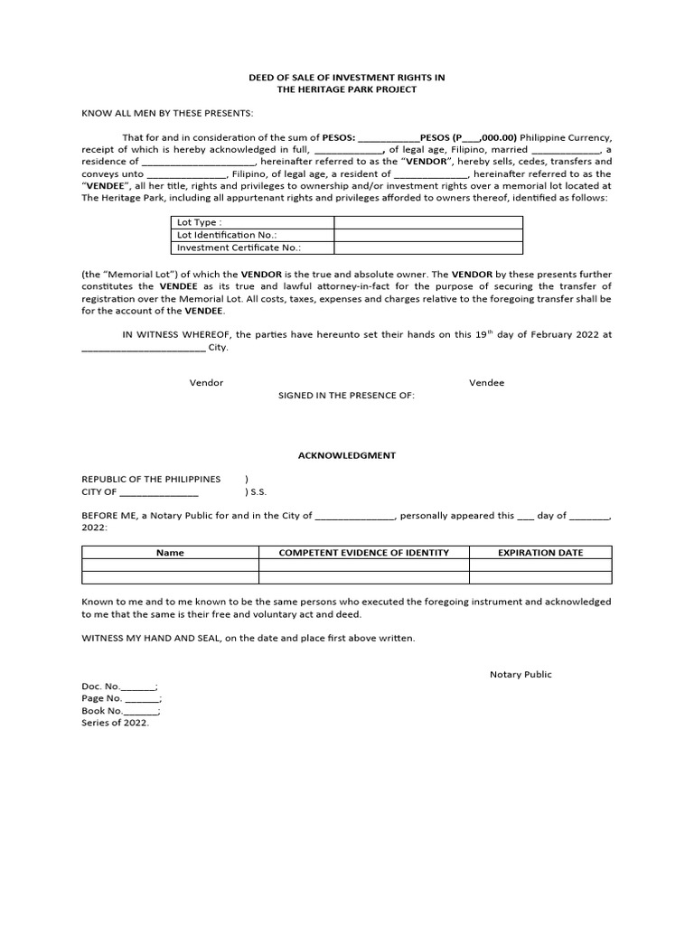 Deed of Sale of Memorial Lot | PDF