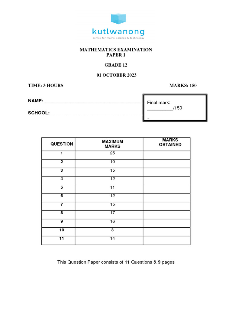 Grade 12 Mathematics Paper 1 (01 0ct 2023) | PDF
