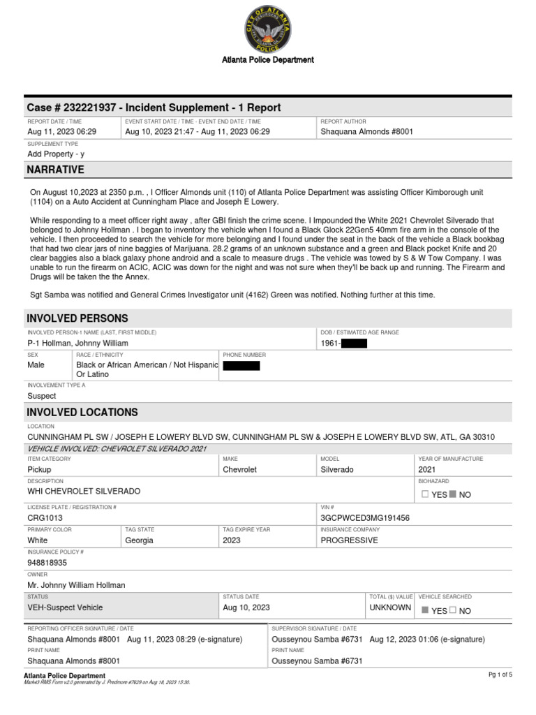 Atlanta Police Incident Report: Vehicle Search and Seizure | PDF | Race ...