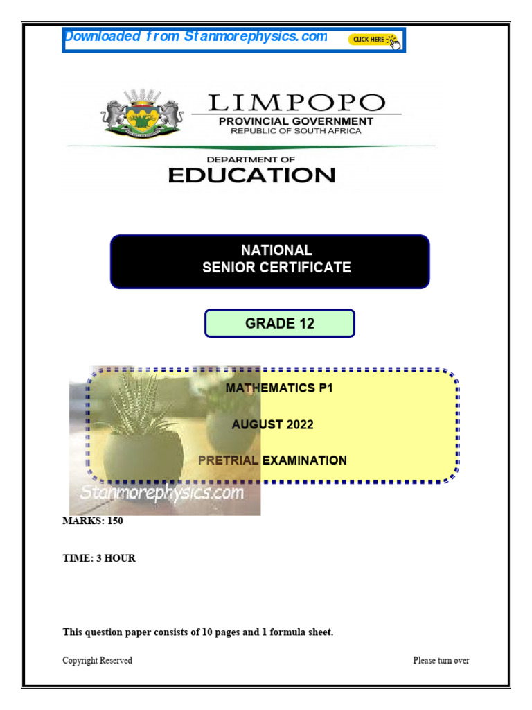 Limpopo Mathematics Grade 12 PreTrial 2022 P1 and Memo | PDF | Numbers | Function (Mathematics)