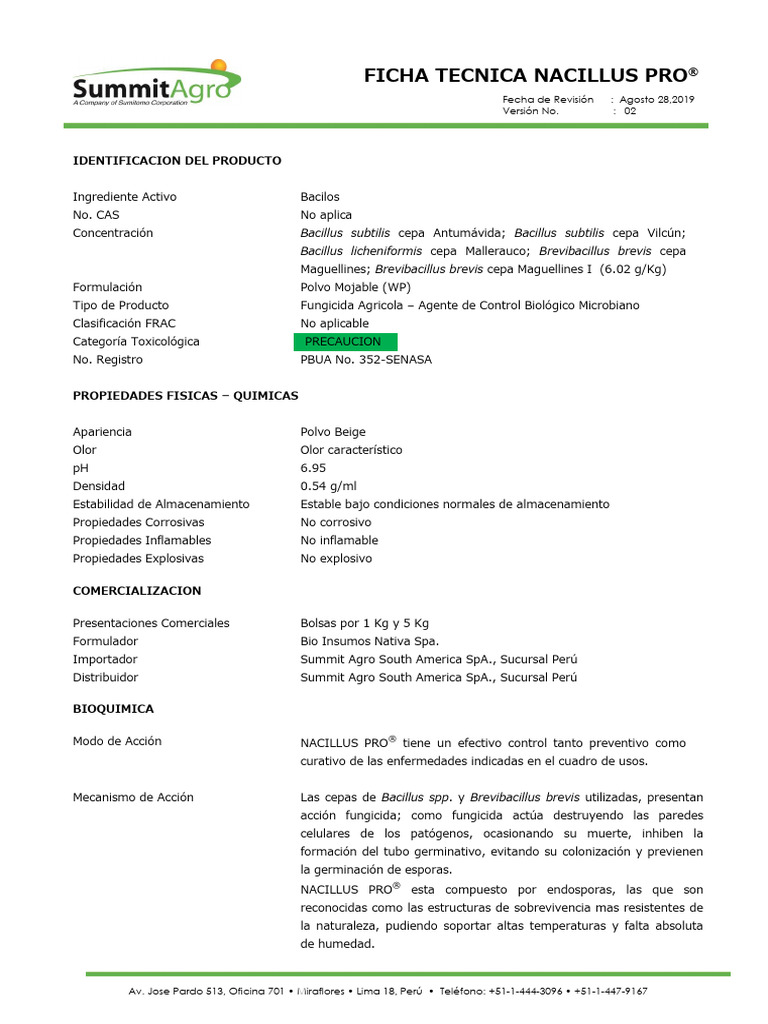 TECHNICAL DATA NACILLUS PRO v2 Perú | PDF | Bacilo | Microbiología