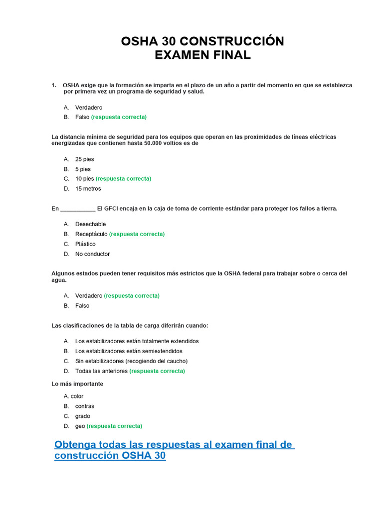 Clave de respuestas de la prueba final de construcción OSHA 30 | PDF | Administración de ...