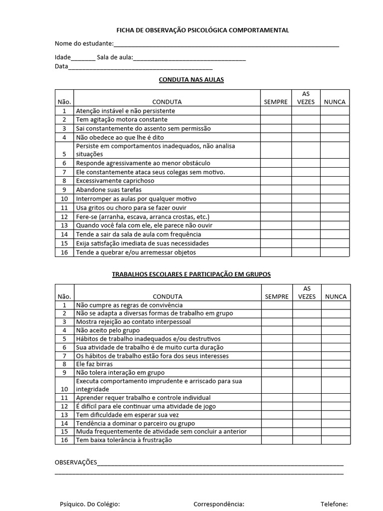 Ficha de Observação Psicológica Comportamental | PDF | Psicologia Ficha de Observação Psicológica Comportamental | PDF | Psicologia