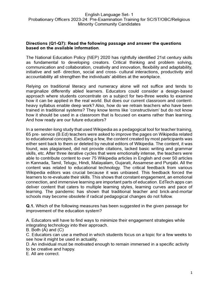 Directions (Q1-Q7) : Read The Following Passage and Answer The ...