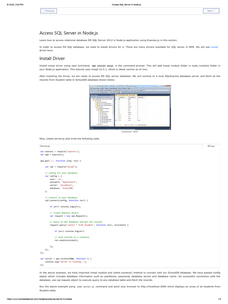 Access SQL Server in Node - Js | PDF | Microsoft Sql Server | Databases Access SQL Server in Node - Js | PDF | Microsoft Sql Server | Databases