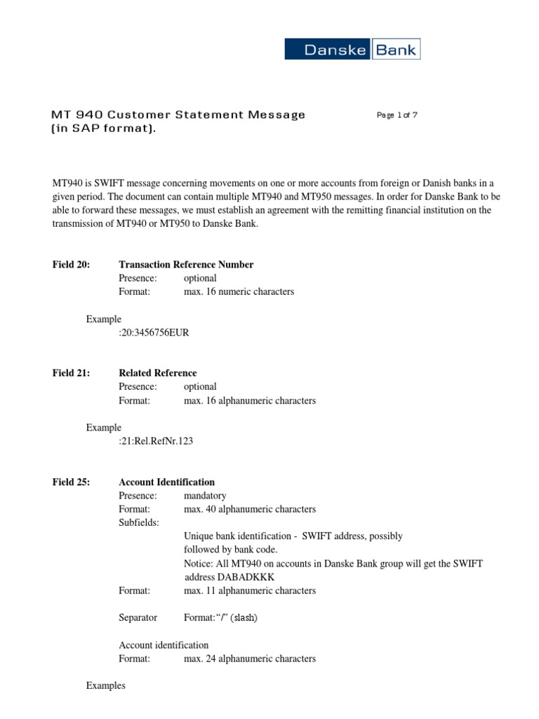 MT940 SWIFT Message Format Guide | PDF | Debits And Credits | Financial ...