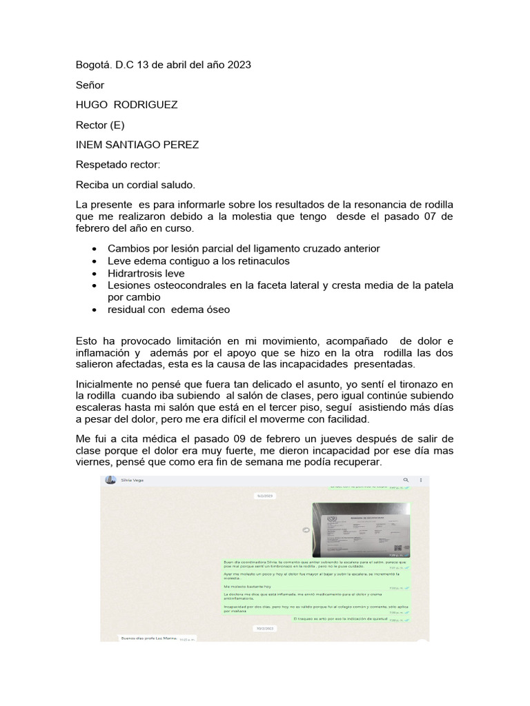 Informe Médico de Docente a Rector | PDF | Rodilla | Medicina CLINICA