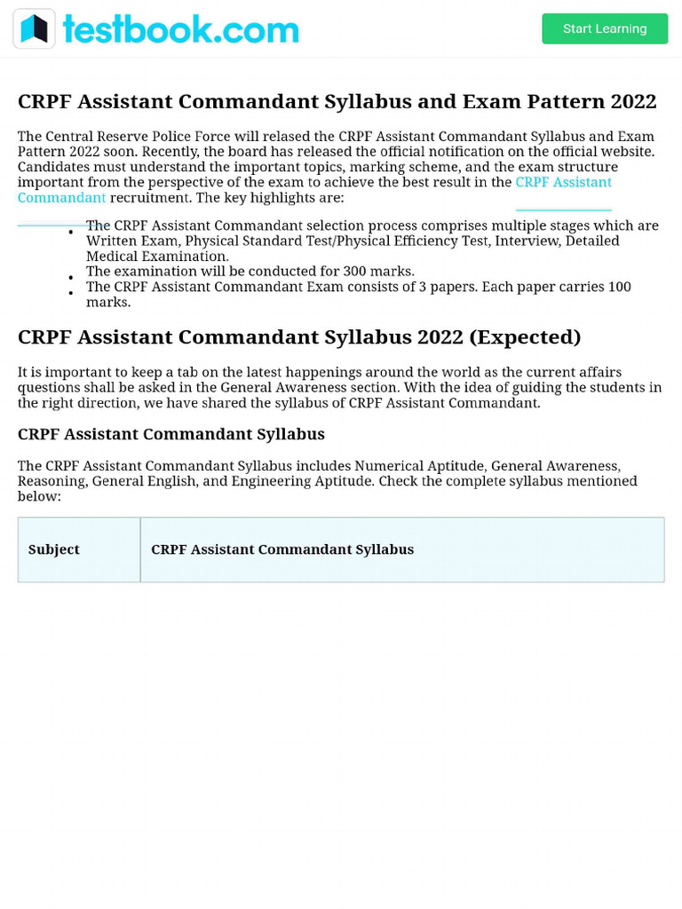 CRPF Assistant Commandant Syllabus and Exam Pattern 2022 | PDF