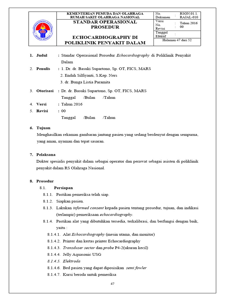SOP Echocardigraphy RSIA AL FAUZAN 2022 | PDF