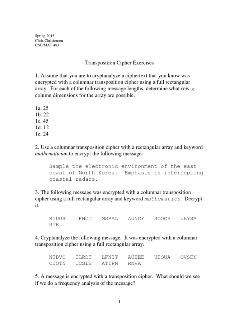 1402 Transposition Cipher Exercises | PDF